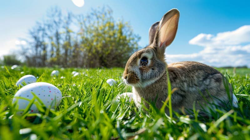Easter Bunny and Eggs in a Green Field Stock Illustration ...