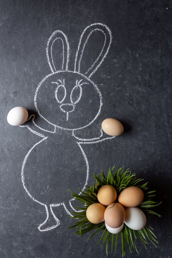 Easter Bunny with Eggs. Green Grass and Eggs. Chalk Drawn Bunny with ...
