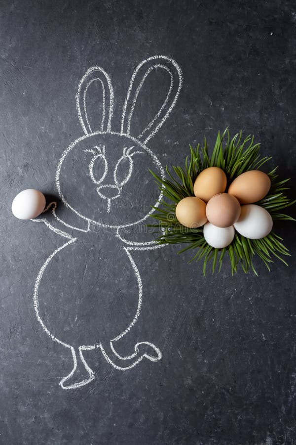 Easter Bunny with Eggs. Green Grass and Eggs. Chalk Drawn Bunny with ...
