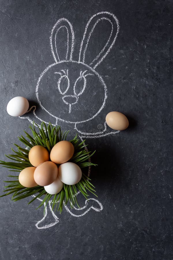 Easter Bunny with Eggs. Green Grass and Eggs. Chalk Drawn Bunny with ...