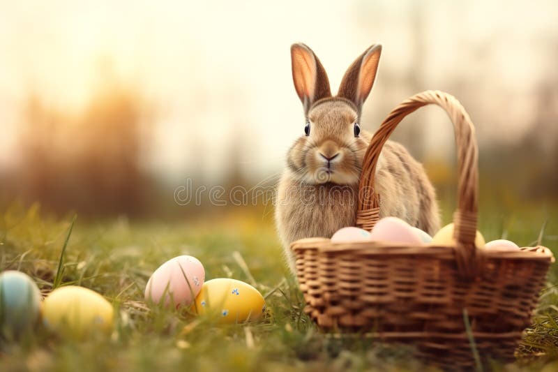 Easter Bunny and Easter Eggs on Green Grass Field Stock Illustration ...