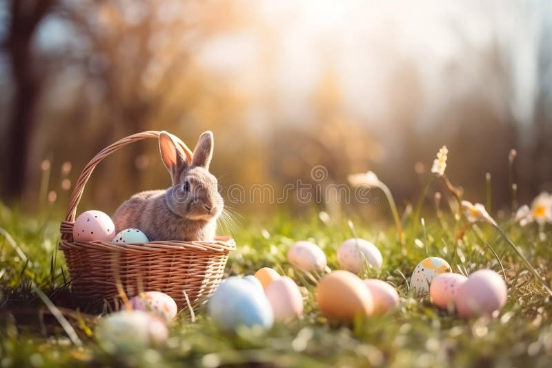 Easter Bunny and Easter Eggs on Green Grass Field Stock Illustration ...