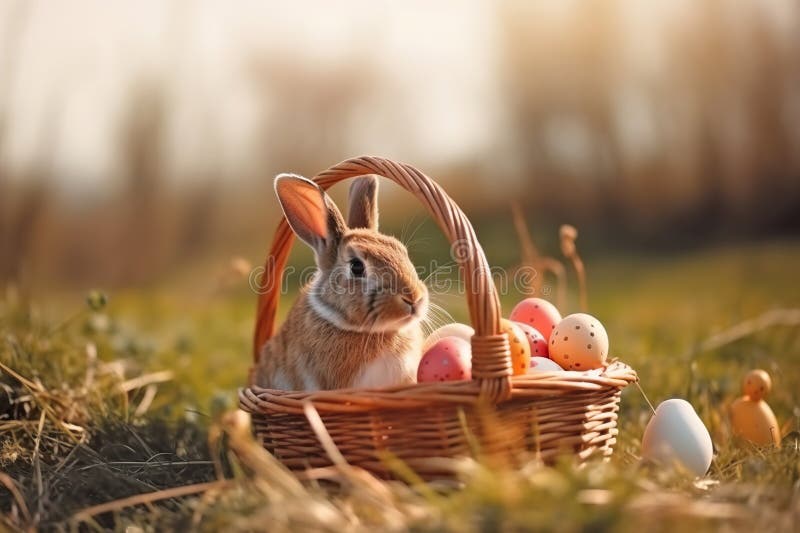 Easter Bunny and Easter Eggs on Green Grass Field Stock Illustration ...