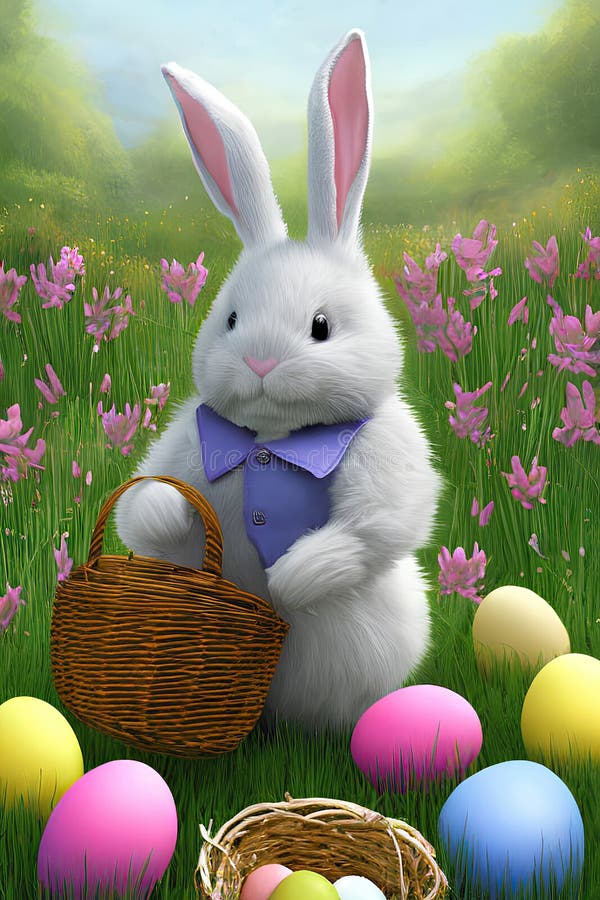 Easter Bunny and Easter Eggs on Green Grass Field Spring Meadow Stock ...