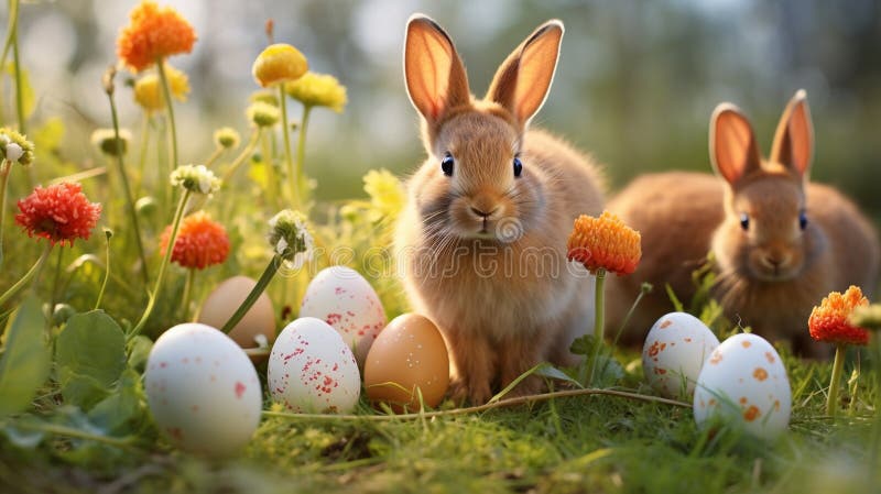 Easter Bunny and Easter Eggs on Green Grass Field Spring Meadow ...