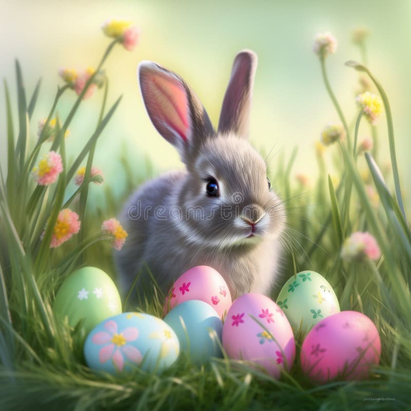 Easter Bunny and Eggs on Green Grass Field Spring Meadow. Generative AI ...