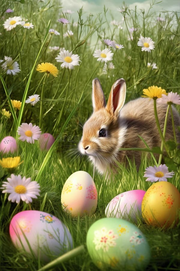 Easter Bunny and Eggs on Green Grass Field Spring Meadow. Generative AI ...