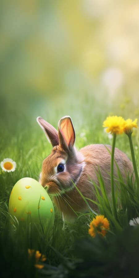 Easter Bunny and Eggs on Green Grass Field Spring Meadow. Generative AI ...