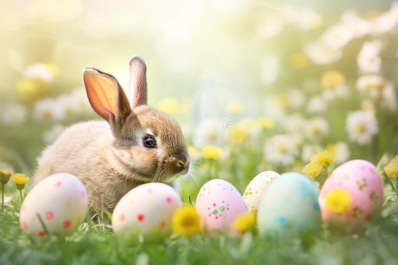 Easter Bunny and Eggs on Green Grass Field, Spring Meadow. Generative ...