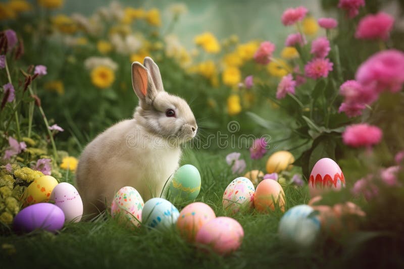 Easter Bunny and Eggs on Green Grass Field, Spring Meadow. Generative ...