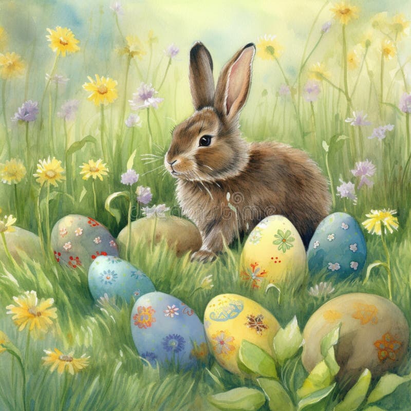 Easter Bunny and Eggs on Green Grass Field, Spring Meadow. Generative ...