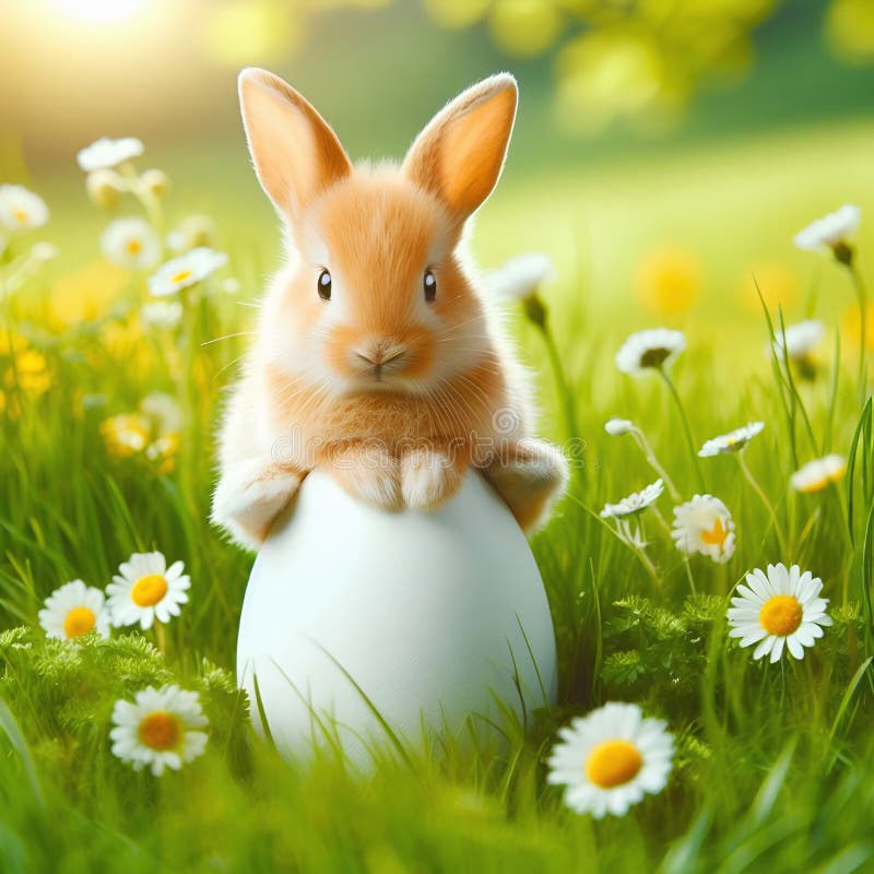 Cute Easter Bunny Sitting on Egg in the Green Grass with Flowers Stock ...