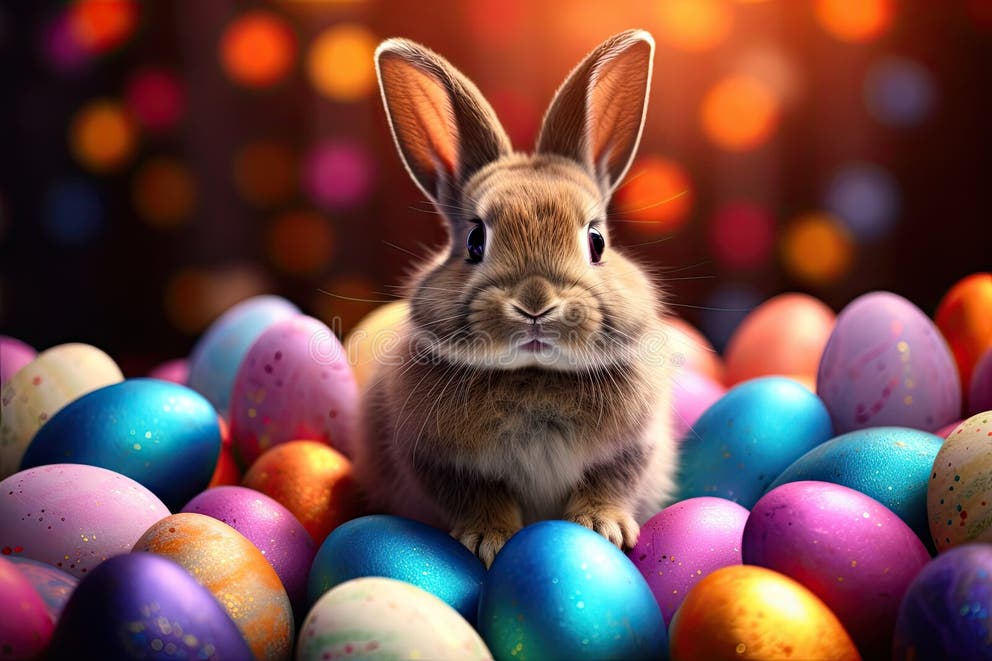 Easter Bunny with Colored Easter Eggs Looking into the Camera Stock ...