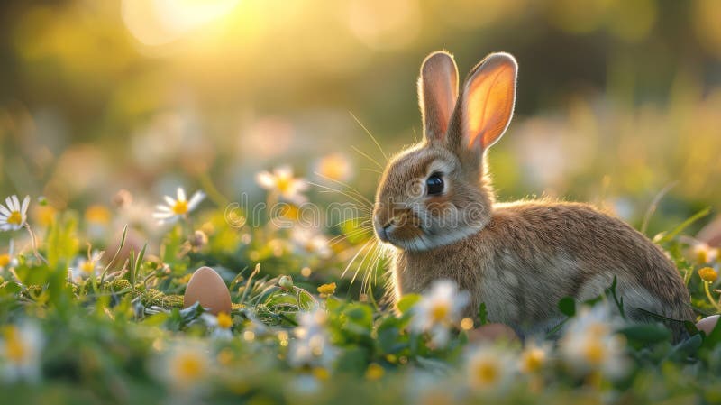 Easter Bunny and Eggs in Meadow with Flowers - Spring Celebration Stock ...