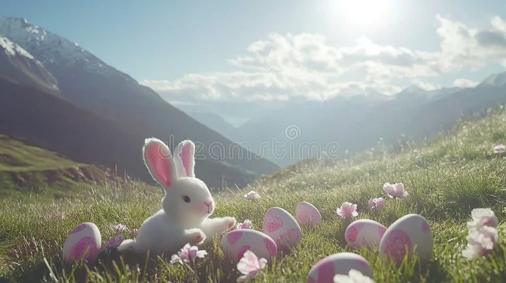 Easter Bunny, Eggs, Mountain Meadow, Sunrise, Spring Stock Photo ...