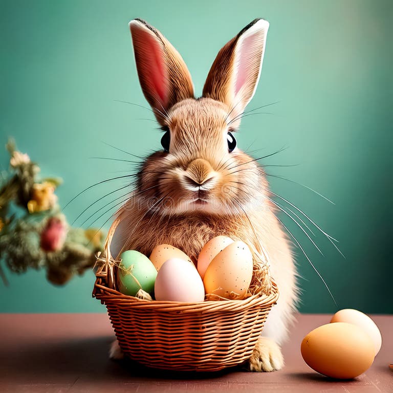 Easter Bunny with Eggs, Rabbit and Easter Basket, Cute Bunny Holding ...