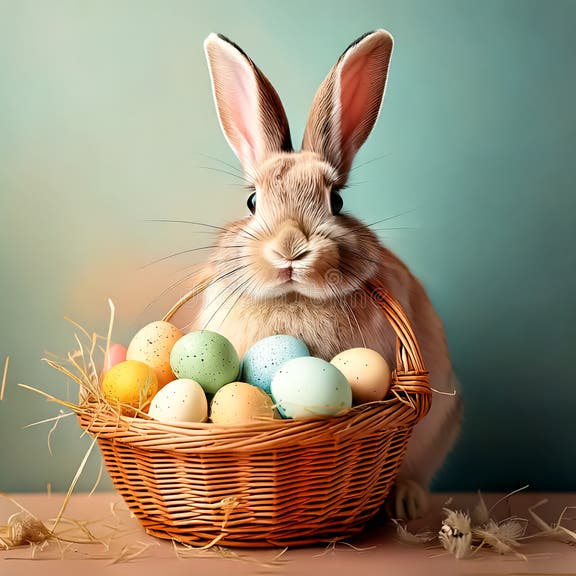 Easter Bunny with Eggs, Rabbit and Easter Basket, Cute Bunny Holding ...