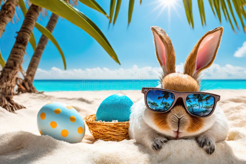 Cute Easter Bunnies with Eggs on Vacation Beach. Easter Travel Stock ...