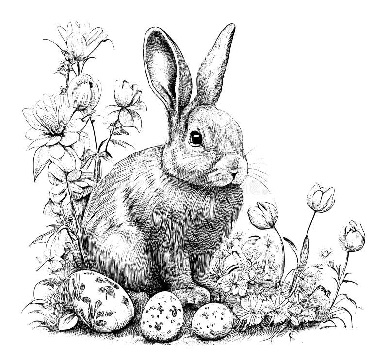 Easter Bunny with Eggs Sitting in Flowers Hand Drawn Engraving Sketch ...