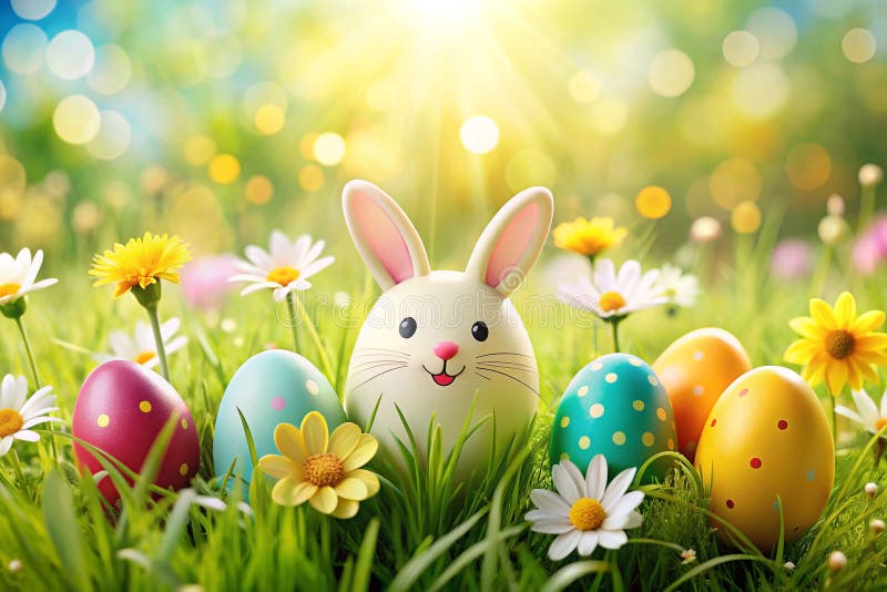 Easter Bunny and Eggs in Spring Meadow Stock Illustration ...