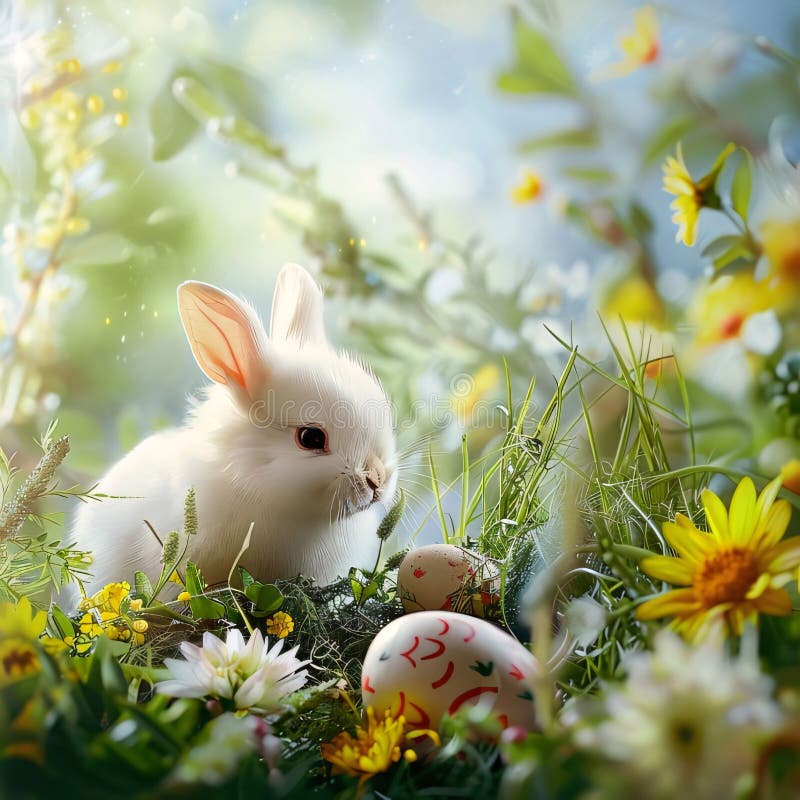 Easter Bunny and Easter Eggs in Spring Meadow with Flowers Stock ...