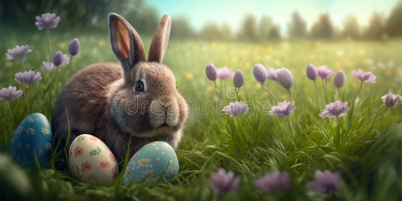 Easter Bunny and Easter Eggs on a Spring Meadow. Stock Illustration ...