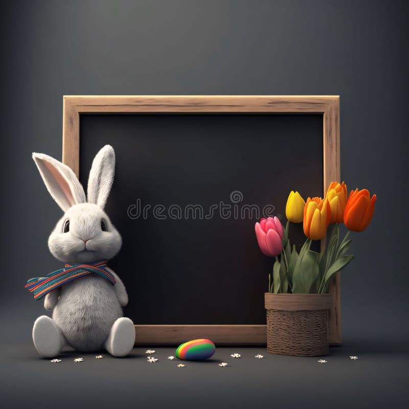 Easter Bunny with Easter Eggs and Tulips on Dark Background Stock ...