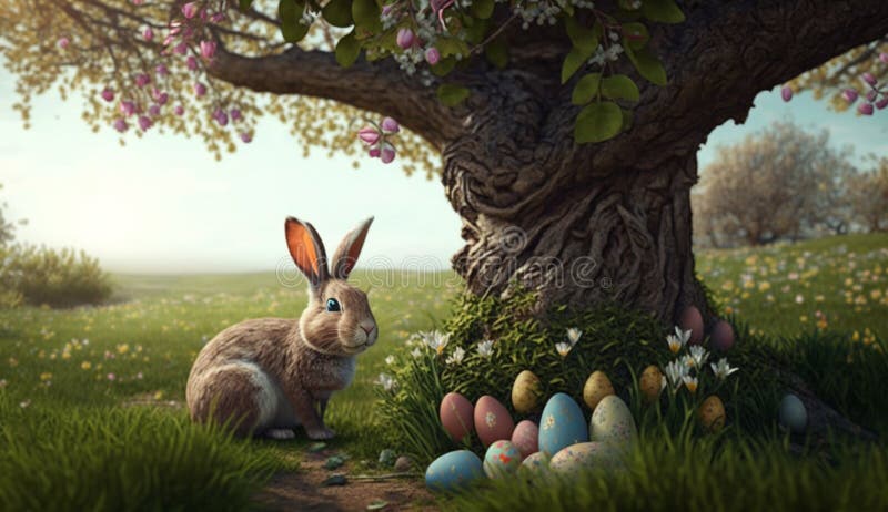 Easter Bunny with Easter Eggs Under a Tree . Generative AI Stock ...