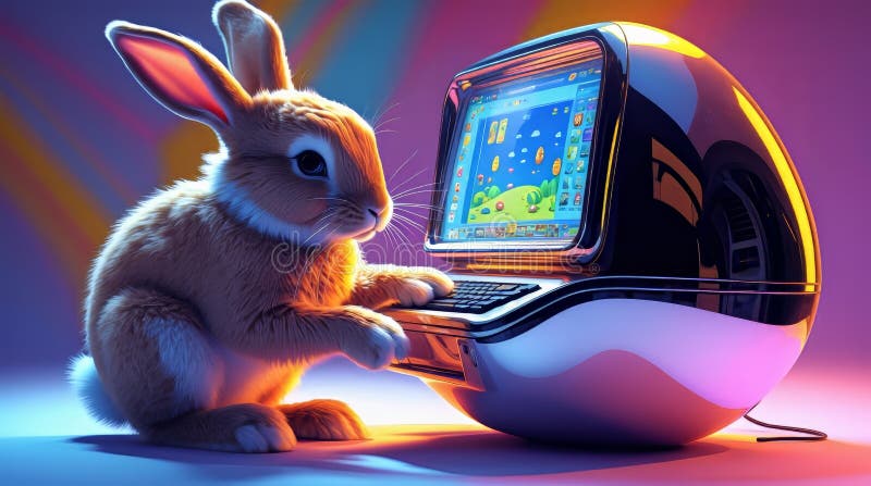 Easter Bunny Engrossed in a Virtual Game on an Egg-shaped Computer ...
