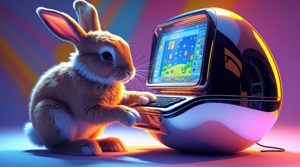 Easter Bunny Engrossed in a Virtual Game on an Egg-shaped Computer ...