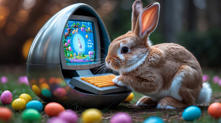 Easter Bunny Engrossed in a Virtual Game on an Egg-shaped Computer ...