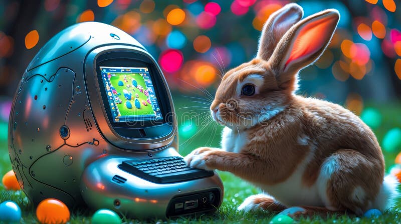 Easter Bunny Engrossed in a Virtual Game on an Egg-shaped Computer ...
