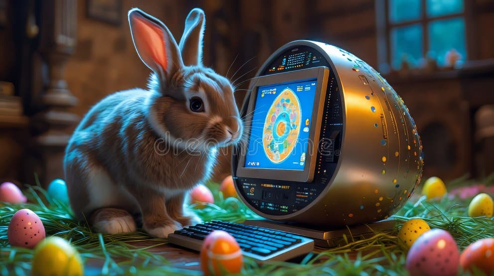 Easter Bunny Engrossed in a Virtual Game on an Egg-shaped Computer ...