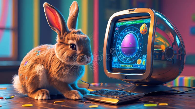 Easter Bunny Engrossed in a Virtual Game on an Egg-shaped Computer ...
