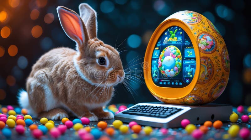 Easter Bunny Engrossed in a Virtual Game on an Egg-shaped Computer ...