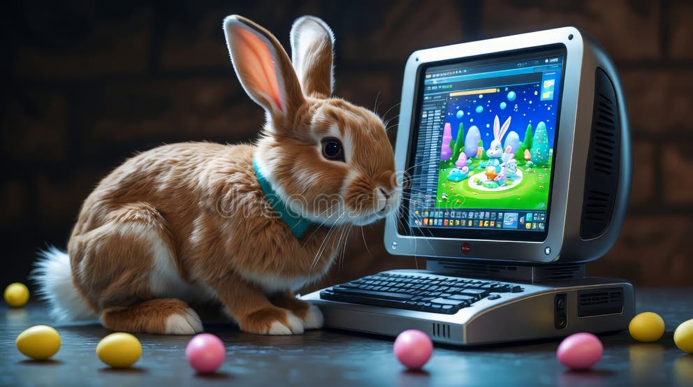 Easter Bunny Engrossed in a Virtual Game on an Egg-shaped Computer ...