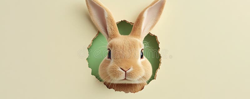 Easter Bunny Face Framed by a Pastel Green Hole on a Cream Backdrop ...