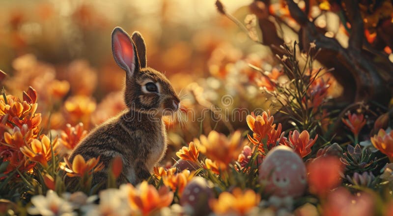 Easter Bunny in the Field with Colorful Eggs Stock Photo - Image of ...