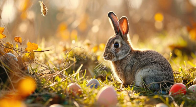 Easter Bunny in the Field with Colorful Eggs Stock Photo - Image of ...