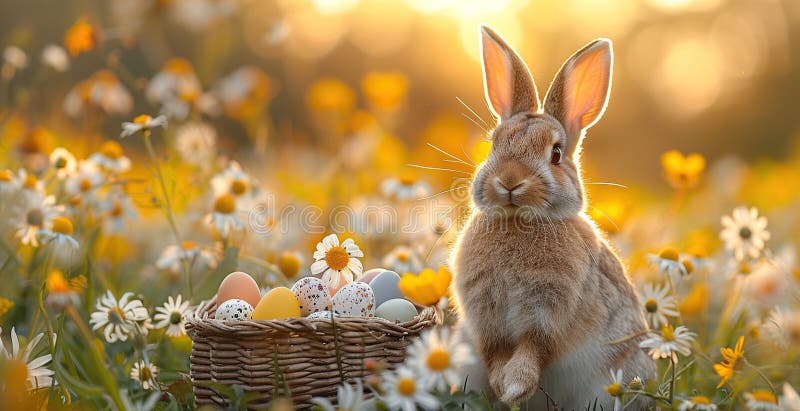 Easter Bunny in a Field of Flowers Stock Illustration - Illustration of ...