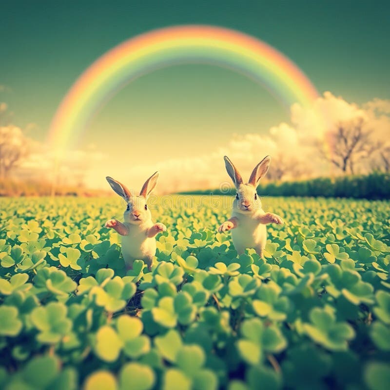 Easter Bunny in the Field. Rainbow Stock Illustration - Illustration of ...