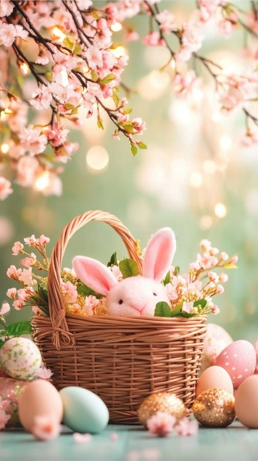 Easter Bunny in Flower Basket with Colorful Eggs and Blossoms. Happy ...
