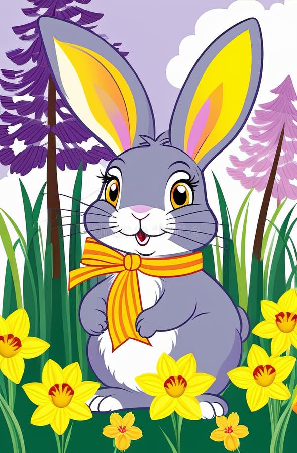 Easter Bunny on a Flower Field. Stock Illustration - Illustration of ...