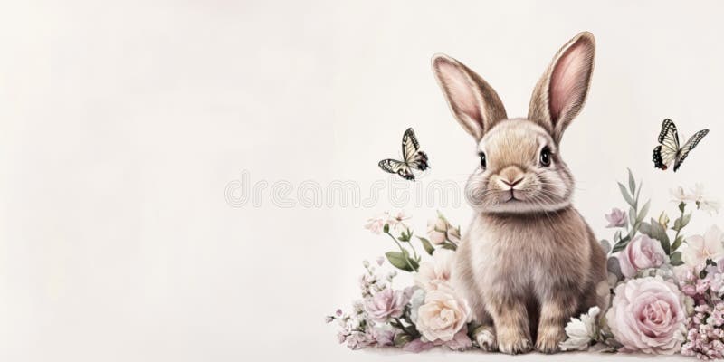 Easter Bunny with Flowers and Butterflies, White Background Stock ...