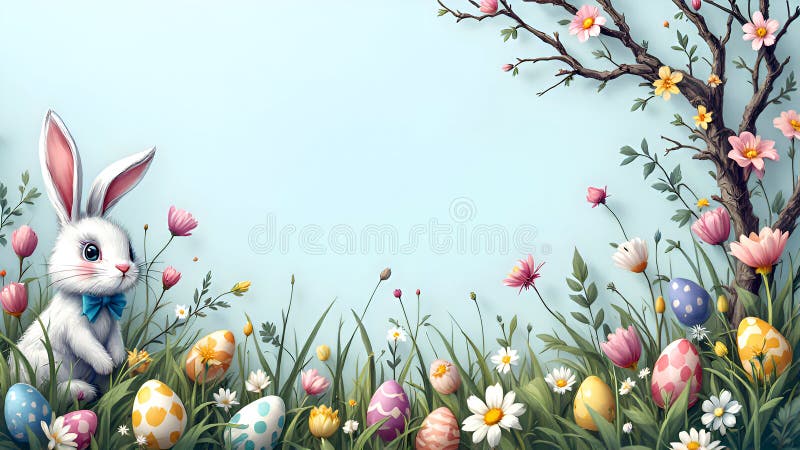 Easter Bunny with Flowers and Easter Colored Eggs Abstract Background ...