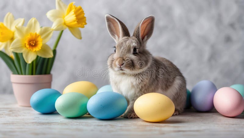 Happy Easter Bunny with Flowers and Easter Eggs in the Rays of the ...