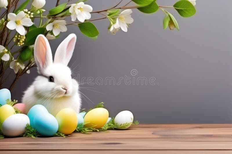 Easter Bunny with Flowers and Eggs on Pastel Background Stock Image ...