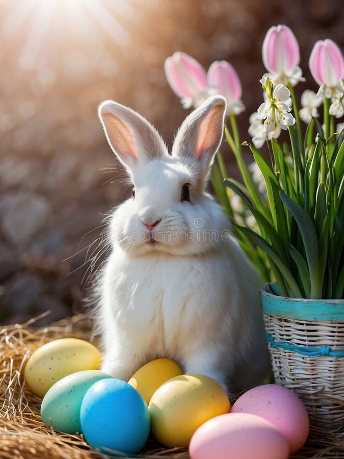 Easter Bunny with Flowers and Easter Eggs in the Rays of the Spring Sun ...