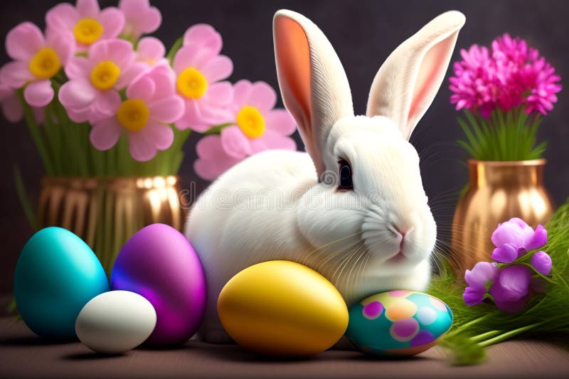 Easter Bunny with Flowers and Easter Eggs on Wooden Background Stock ...
