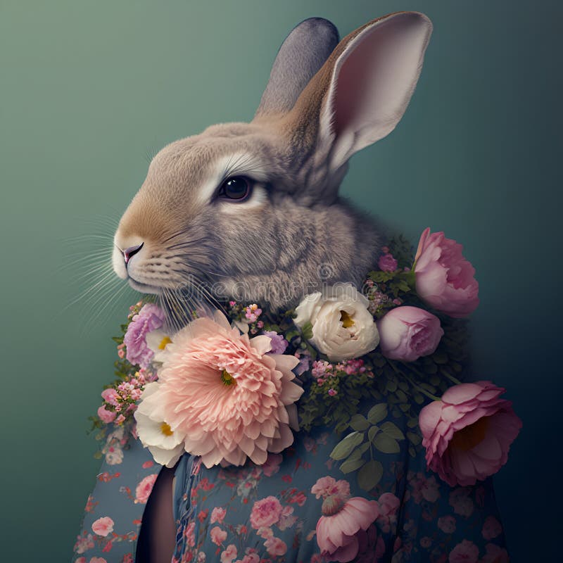 Easter Bunny with Flowers on a Green Background. Studio Shot Stock ...